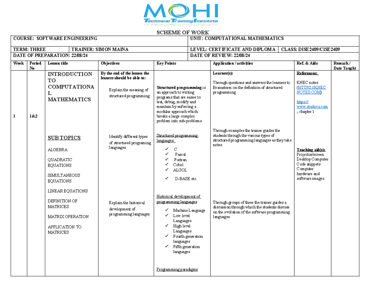 Scheme OF WORK Computational Mathematics 040310 - SCHEME OF WORK COURSE ...