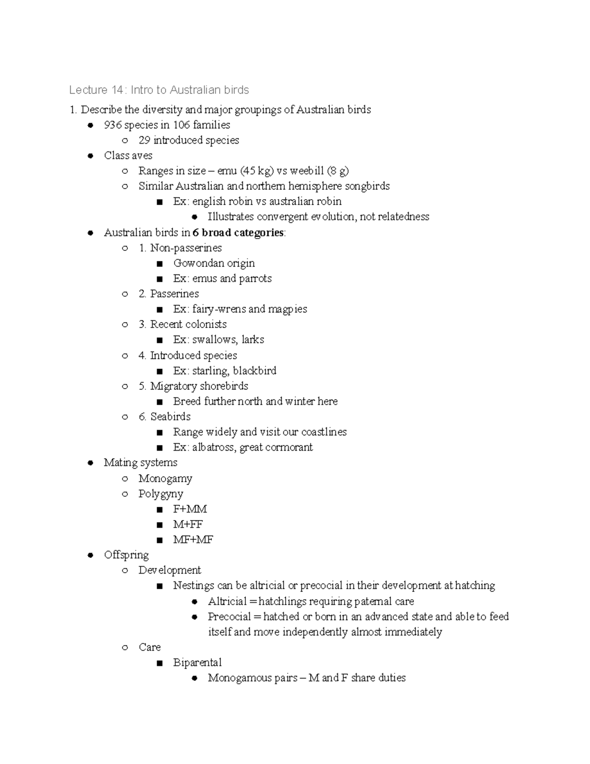 ZOOL2000 4 Lecture 14 Notes - Lecture 14: Intro to Australian birds ...