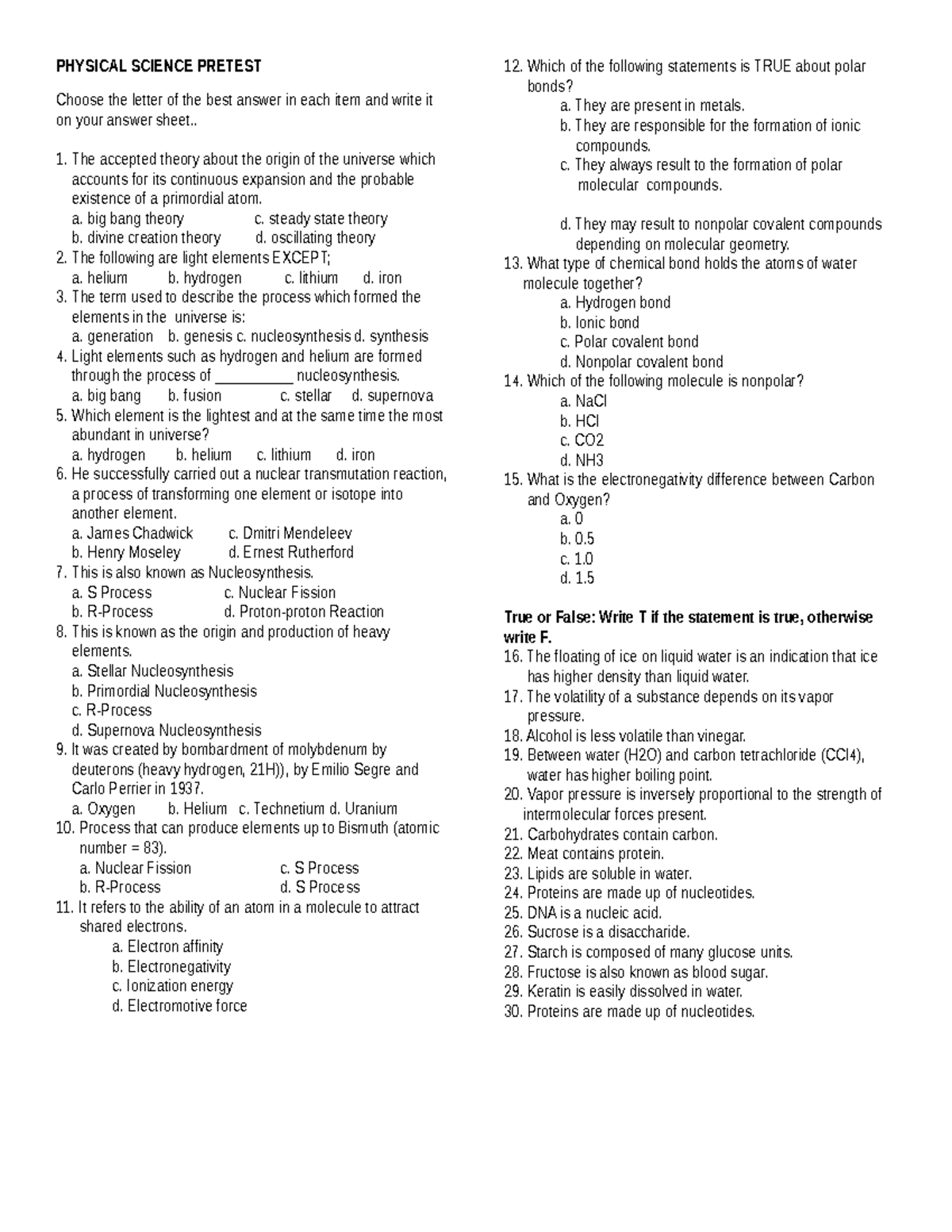 Pretest Physical Science - PHYSICAL SCIENCE PRETEST Choose the letter ...