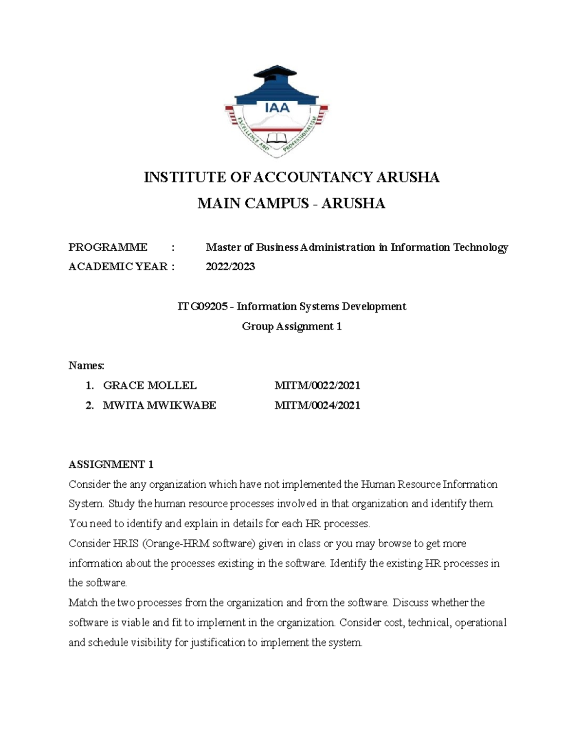 Assignment 1 IS Development edited - INSTITUTE OF ACCOUNTANCY ARUSHA ...