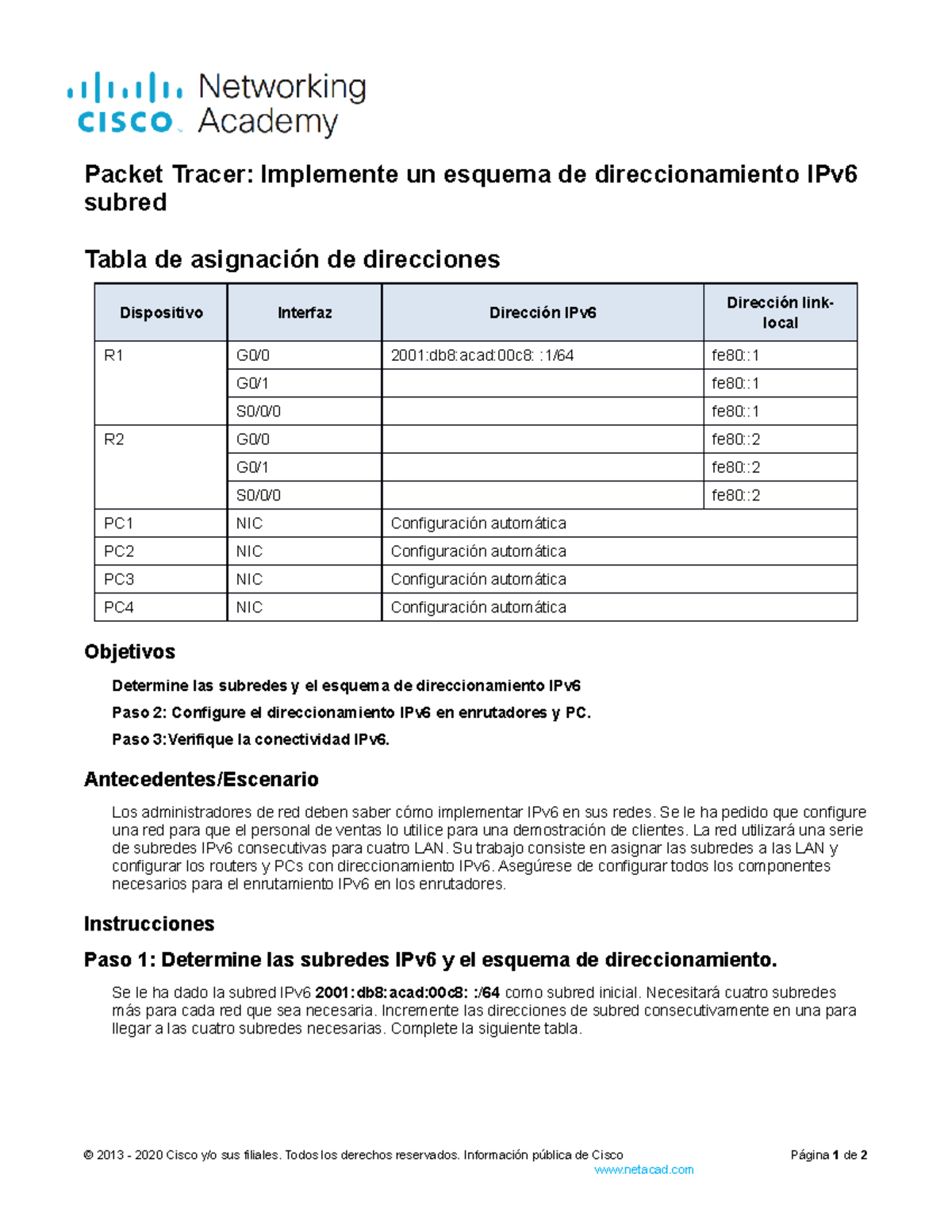 1291 Packet Tracer Implement A Subnetted Ipv6 Addressing Scheme Packet Tracer Implemente