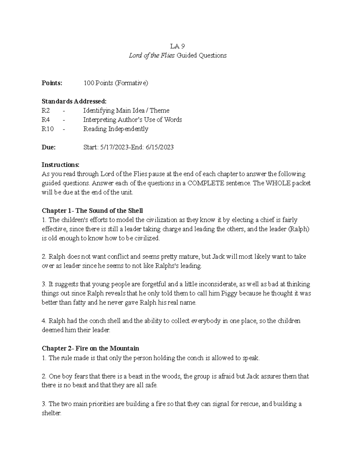 Copy of Lord of the Flies Guided Questions - LA 9 Lord of the Flies ...