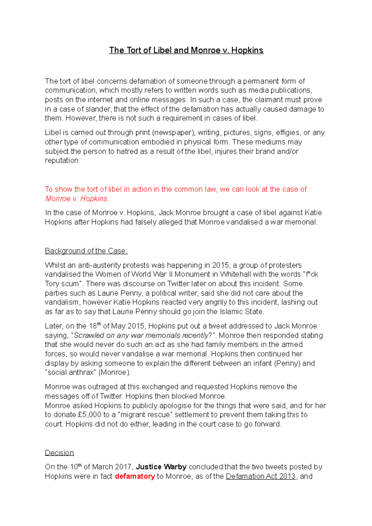 The Tort of Libel and Monroe v Hopkins - The Tort of Libel and Monroe v ...