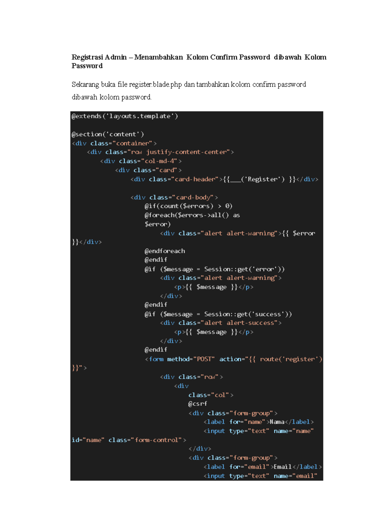 Registrasi Admin – Menambahkan Kolom Confirm Password dibawah Kolom Password - @extends('layouts ...
