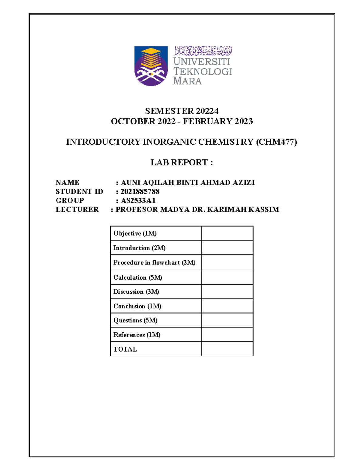 CHM477 LAB Report 1 (EXP 3,4,5) - SEMESTER 20224 OCTOBER 2022 ...