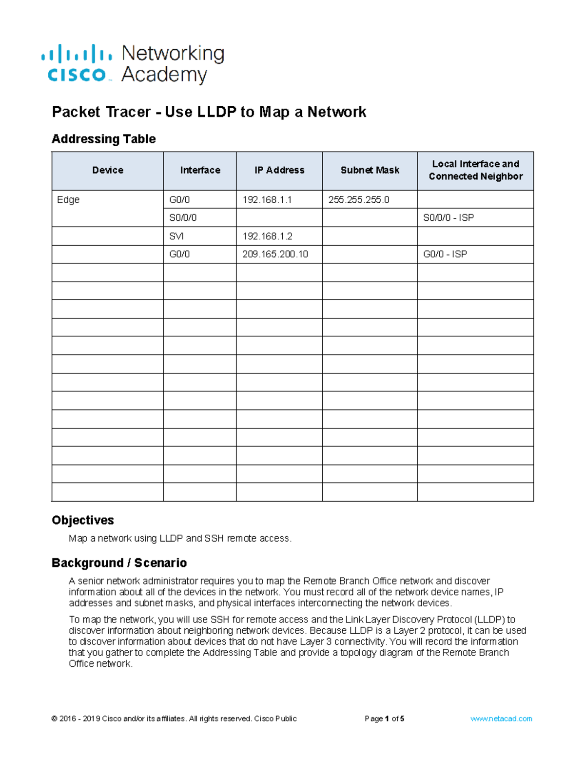 10.2.6 Packet Tracer - Use LLDP to Map a Network - Addressing Table Device Interface IP Address ...