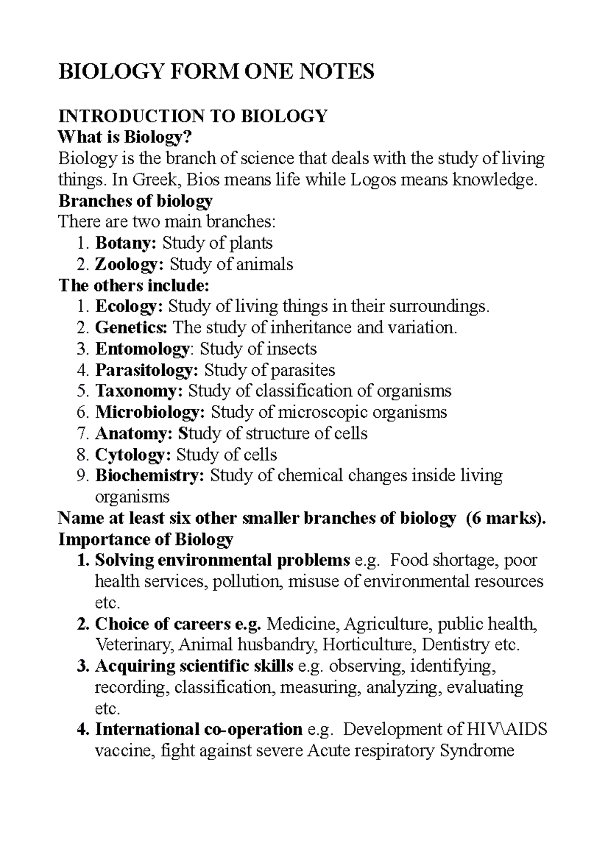 Biology Notes FORM 1 4 Booklet BIOLOGY FORM ONE NOTES INTRODUCTION TO