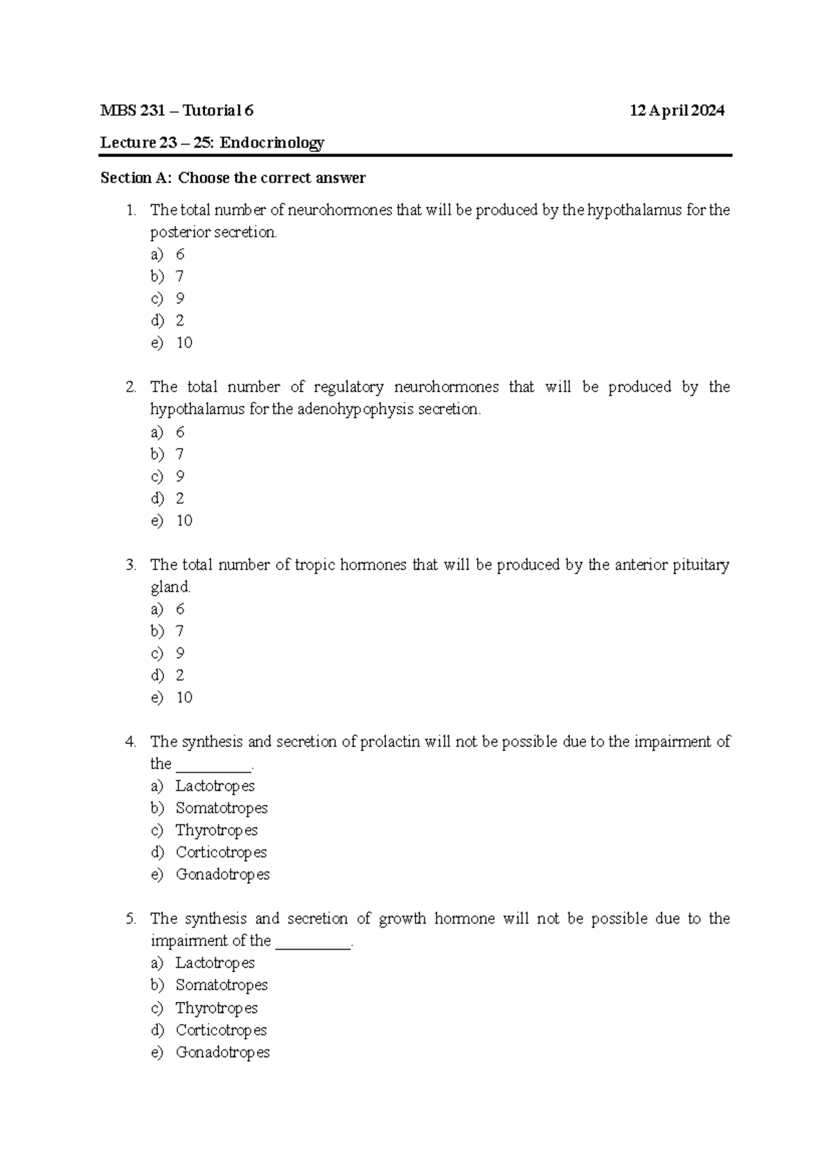 MBS 231 - Tutorial 6 - Medical bioscience - MBS 231 – Tutorial 6 12 ...