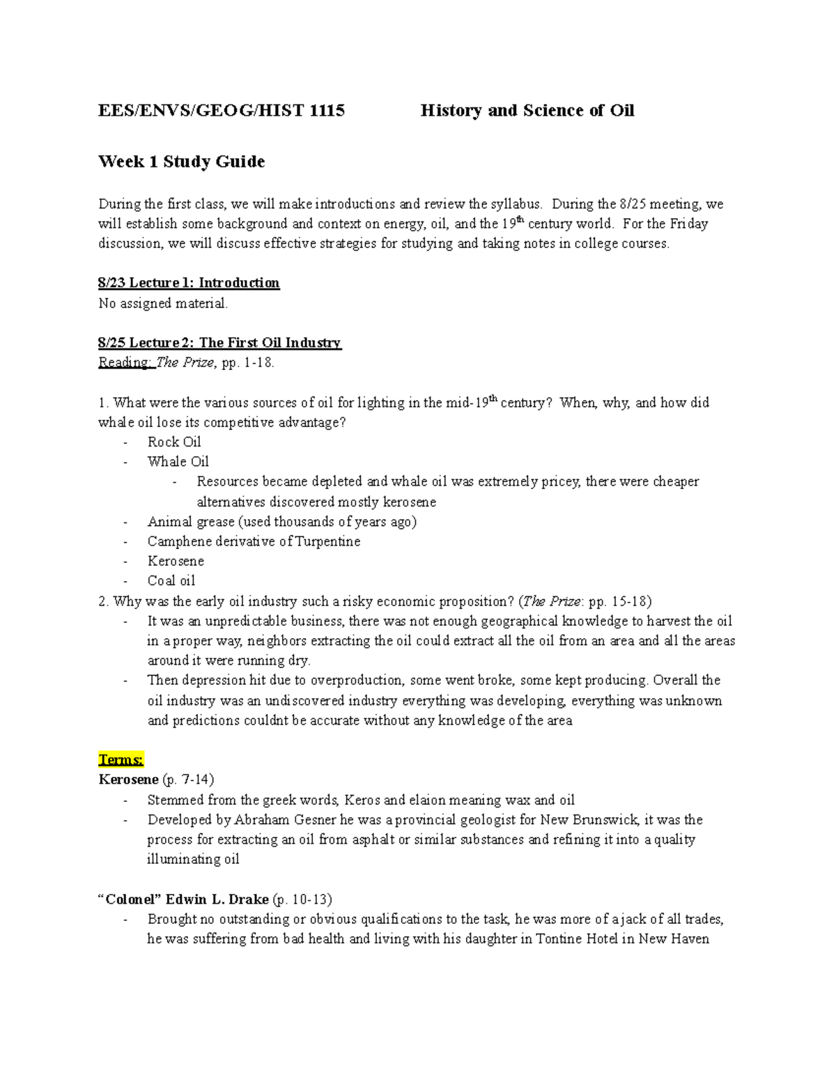 History and Science of Oil Study Guide Week 1 - EES/ENVS/GEOG/HIST 1115 ...