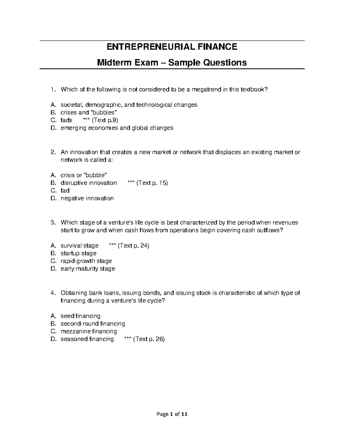 Sample Midterm Exam - ENTREPRENEURIAL FINANCE Midterm Exam – Sample ...