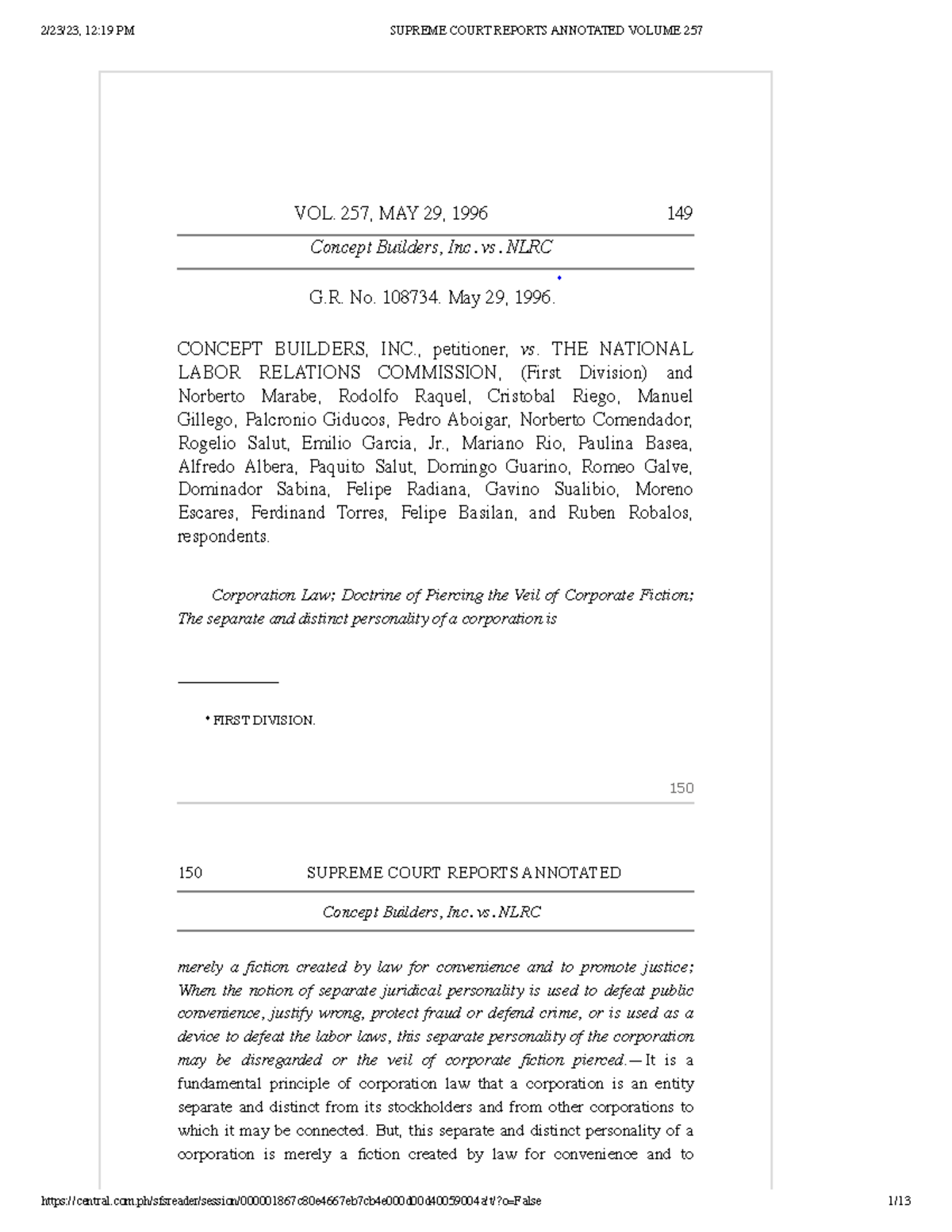 Concept Builders, Inc. vs. NLRC - VOL. 257, MAY 29, 1996 149 Concept ...