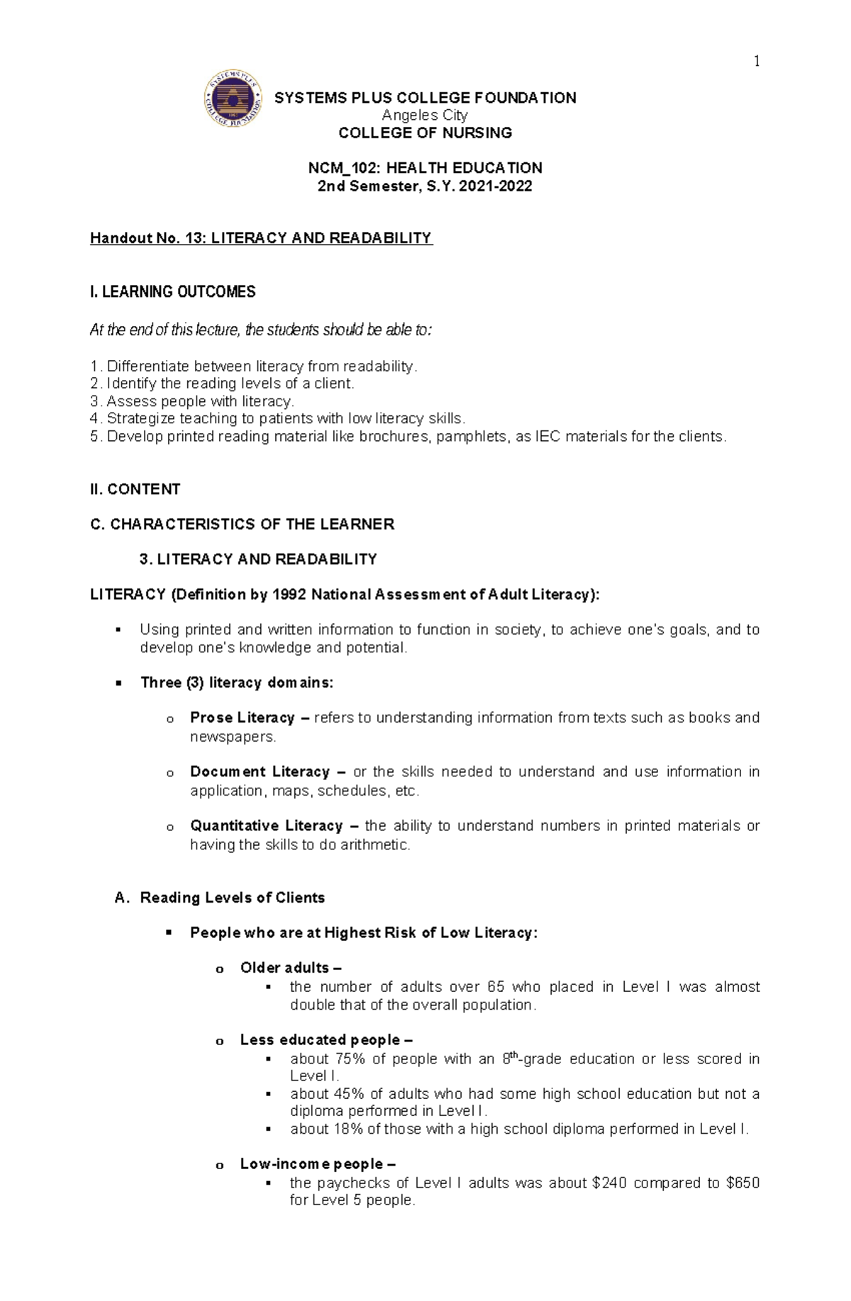 Revised Health Ed HO 13 - SYSTEMS PLUS COLLEGE FOUNDATION Angeles City ...