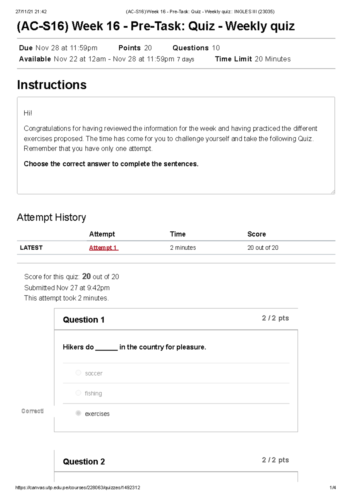 545133999 AC S16 Week 16 Pre Task Quiz Weekly Quiz Ingles III 23035 ...
