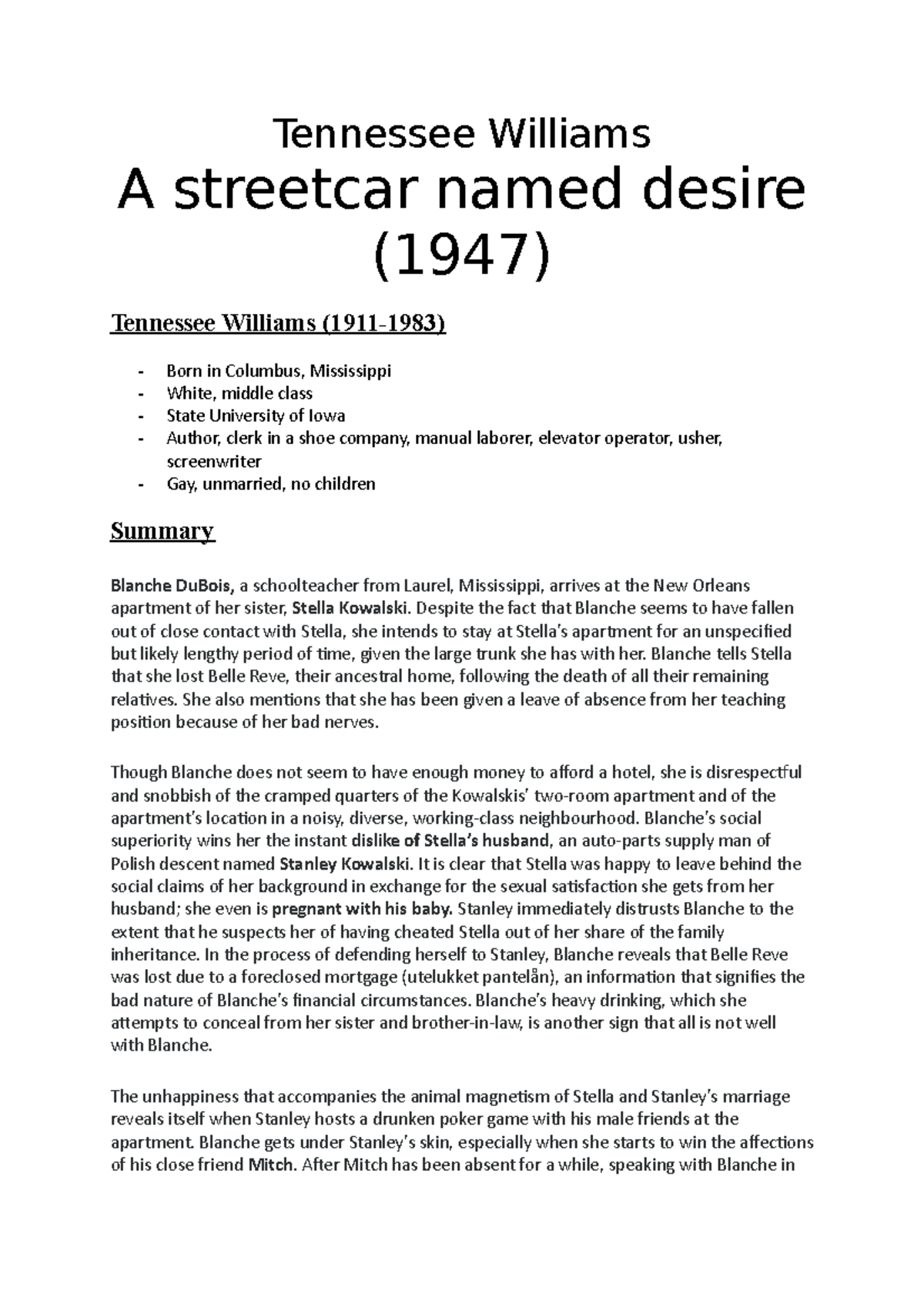 Tennessee Williams "A streetcar named desire" oppsummering - ENG1304 ...