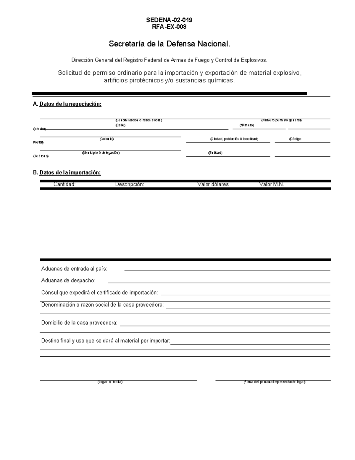 Formato Sedena-02-019 - SEDENA- 02 - 019 RFA-EX- 008 Secretaría de la Defensa Nacional ...