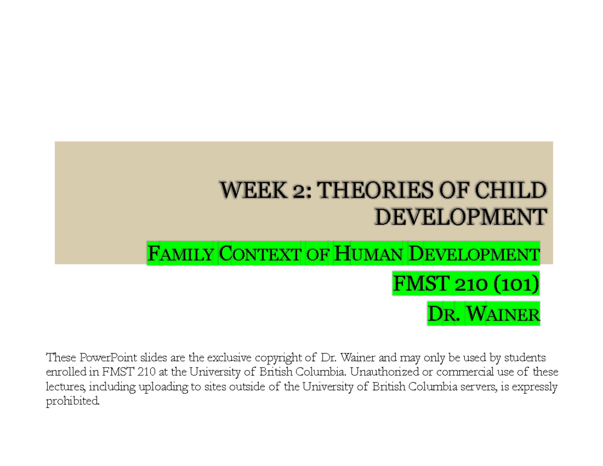 FMST 210 Week 2 - Notes - WEEK 2: THEORIES OF CHILD DEVELOPMENT FAMILY ...