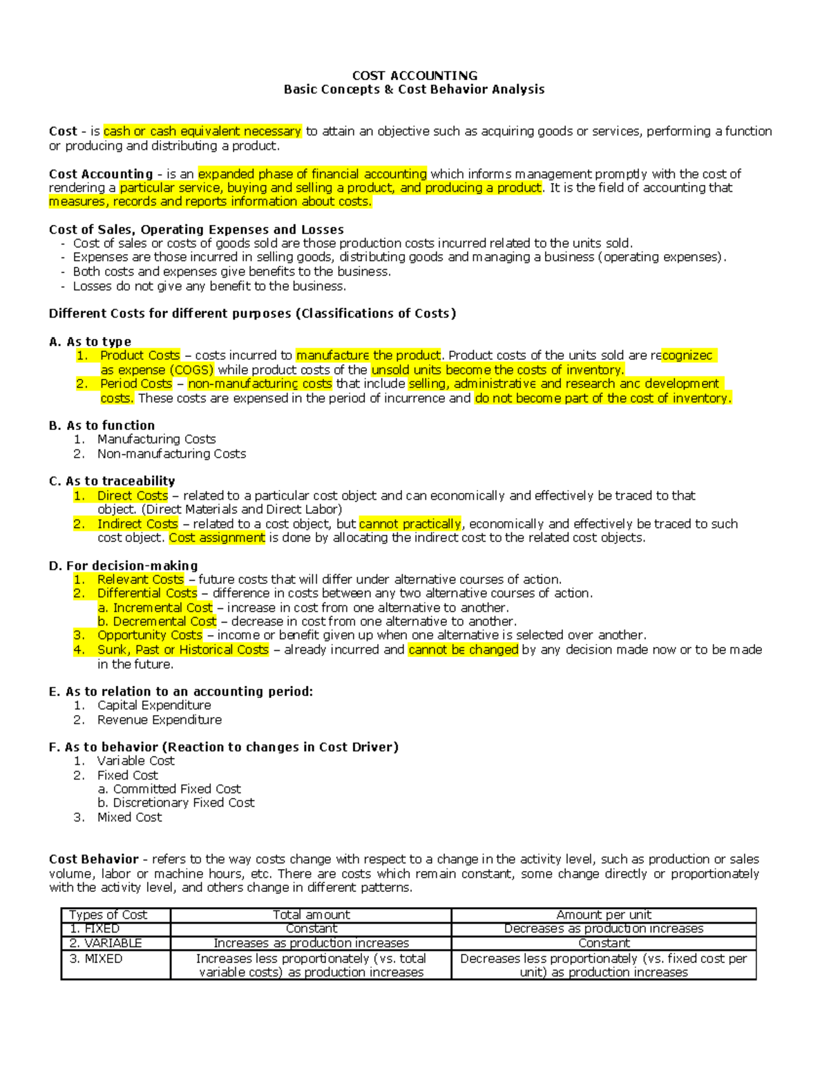 Module 1-Basic Concepts - COST ACCOUNTING Basic Concepts & Cost Behavior Analysis Cost - is cash ...