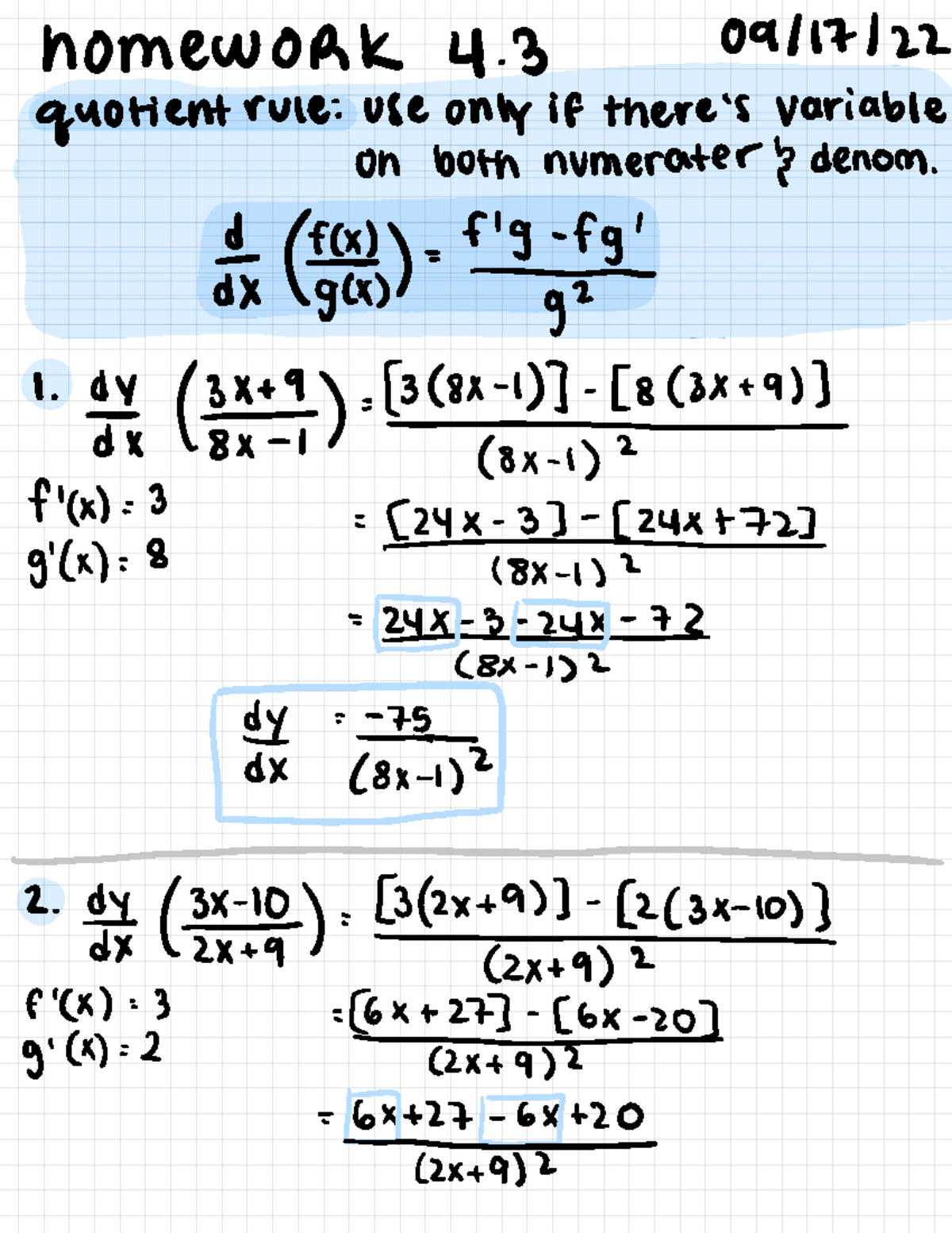4.3 Homework: Quotient Rule - homework 09117122 quotient rule : use ...
