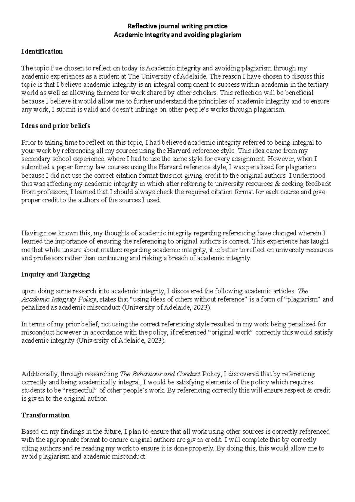 Reflective Journal 1 Acadmic integrity - Reflective journal writing ...