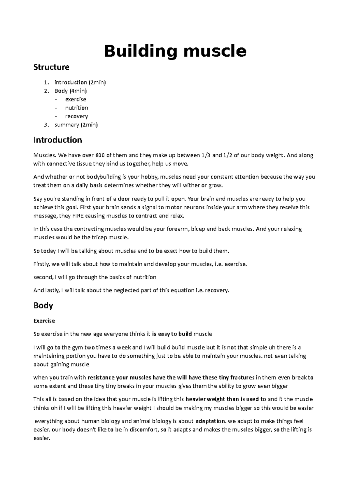 Presentation - Building muscle Structure introduction (2min) Body (4min ...