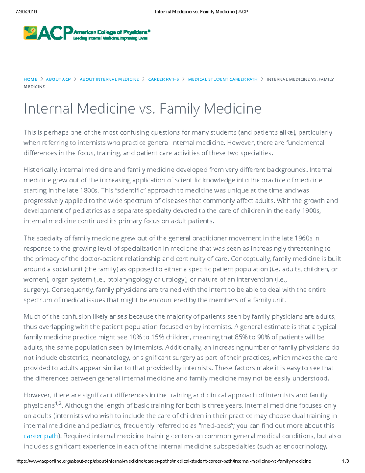 Internal Medicine vs. Family Medicine ACP - 7/30/2019 Internal Medicine ...