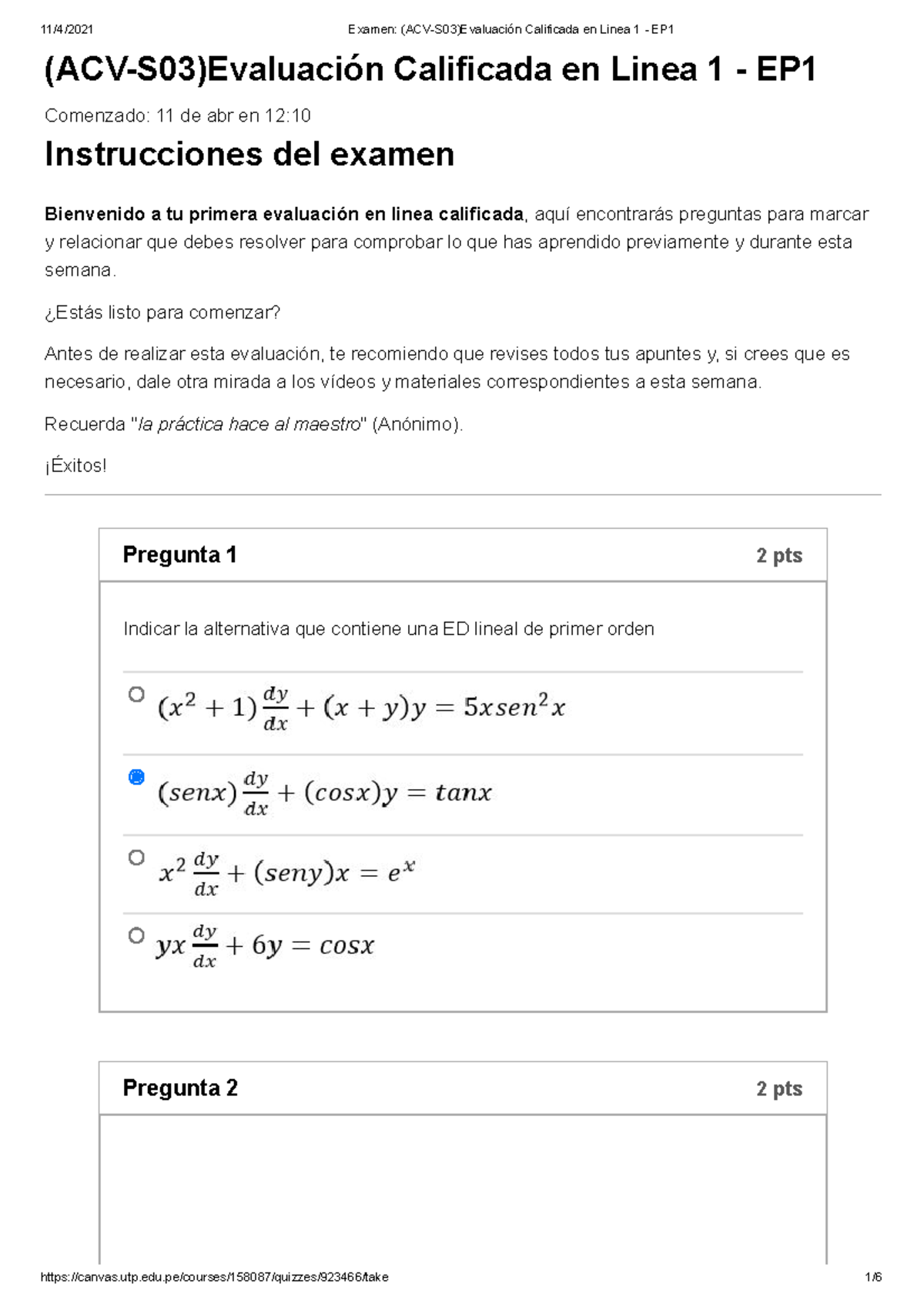 Examen (ACV-S03)Evaluación Calificada en Linea 1 - EP1 - (ACV-S03)Evaluación Calificada en Linea ...