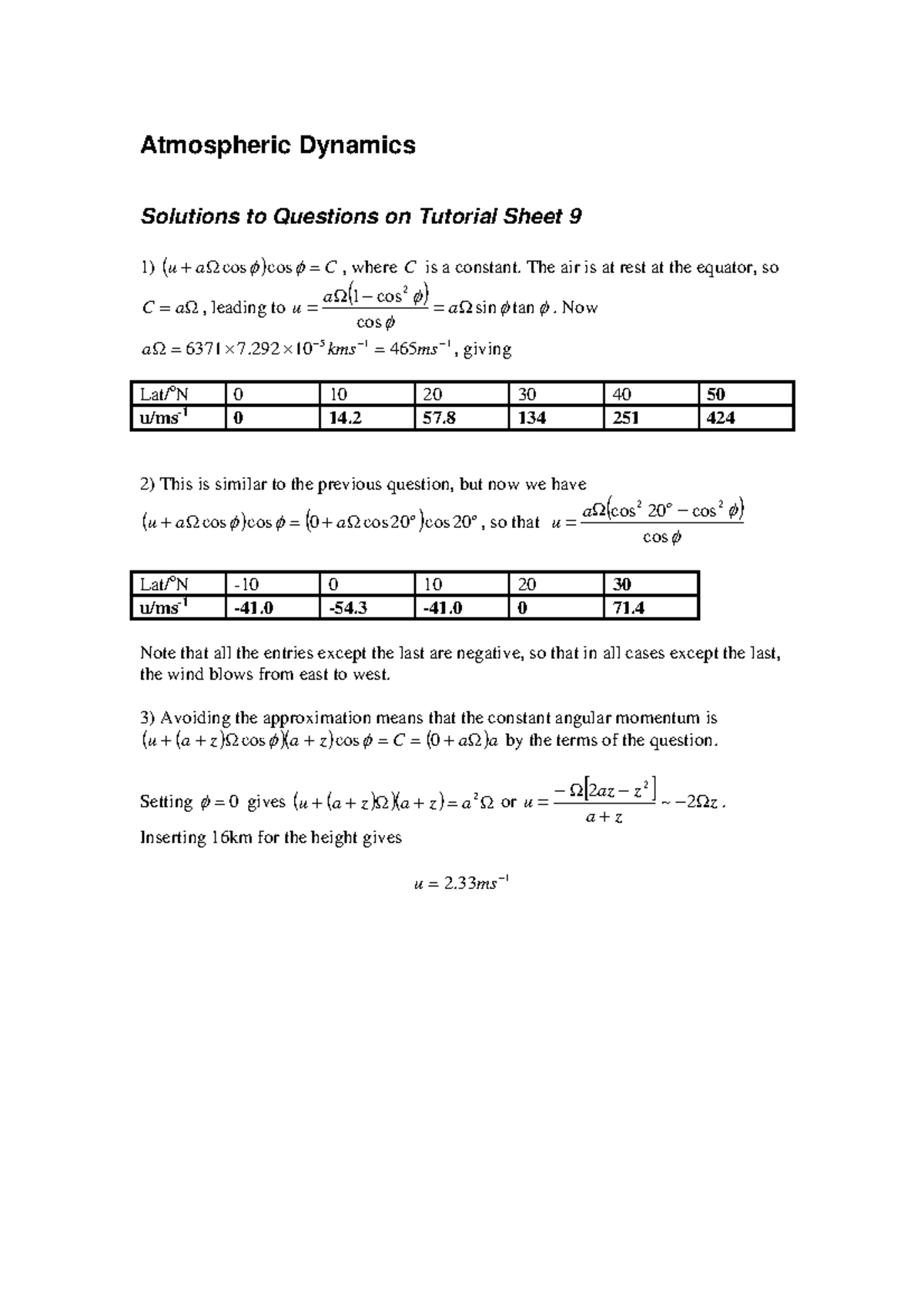 Tutorial 09 Solutions Chapter 09 Atmospheric Dynamics Solutions To Questions On Tutorial