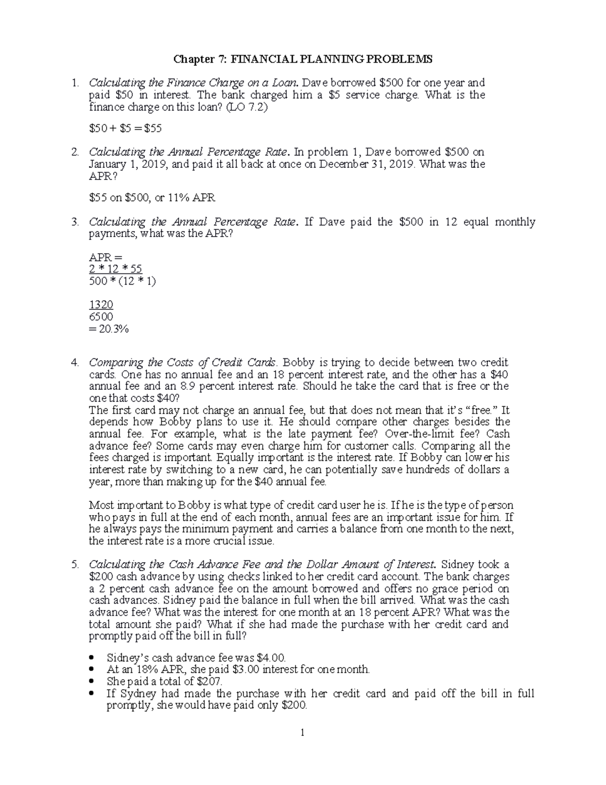 Chapter 7 Numerical Examples - Chapter 7: FINANCIAL PLANNING PROBLEMS ...