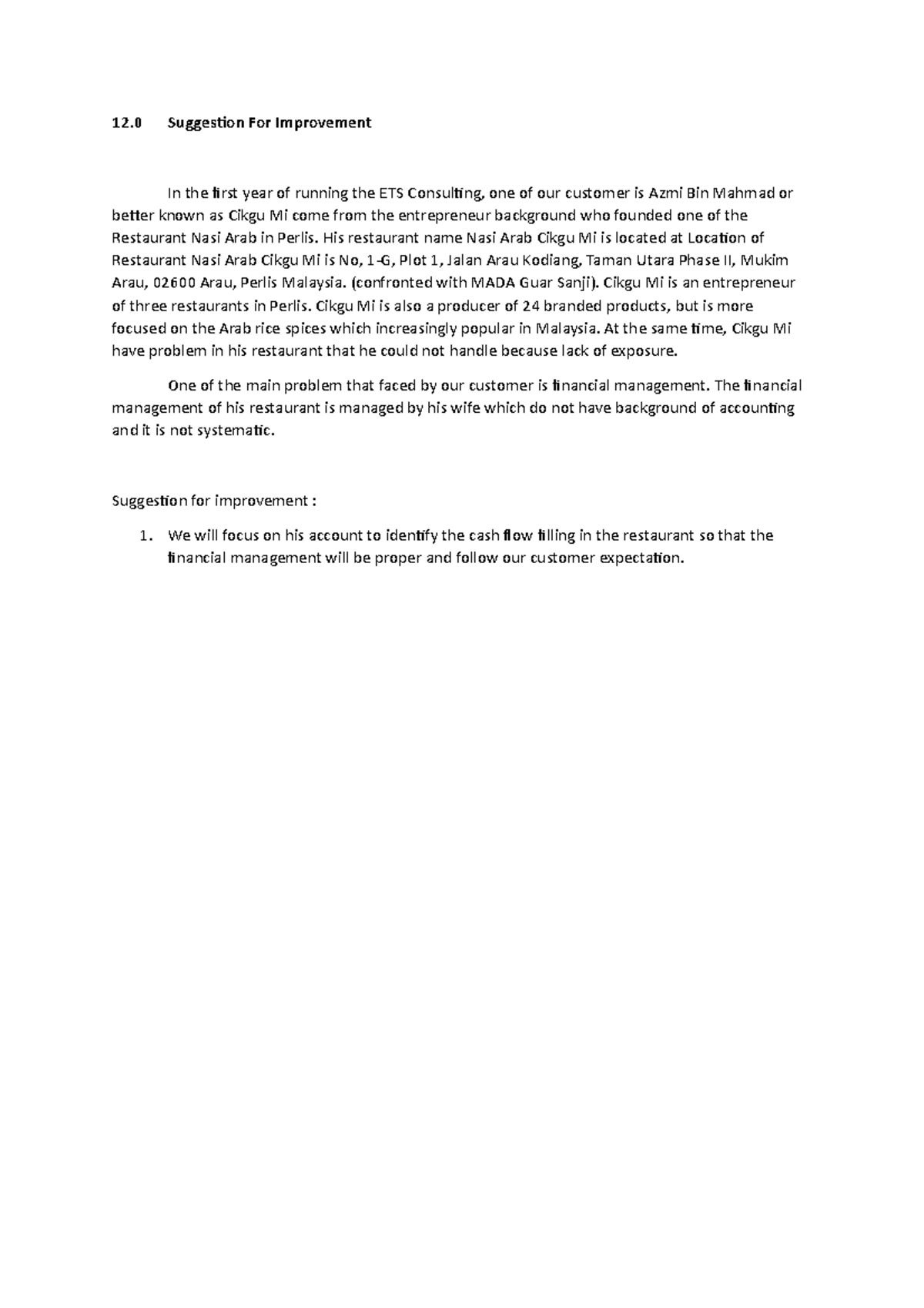 Suggestion & summary - entreprenuer - 12 Suggestion For Improvement In ...