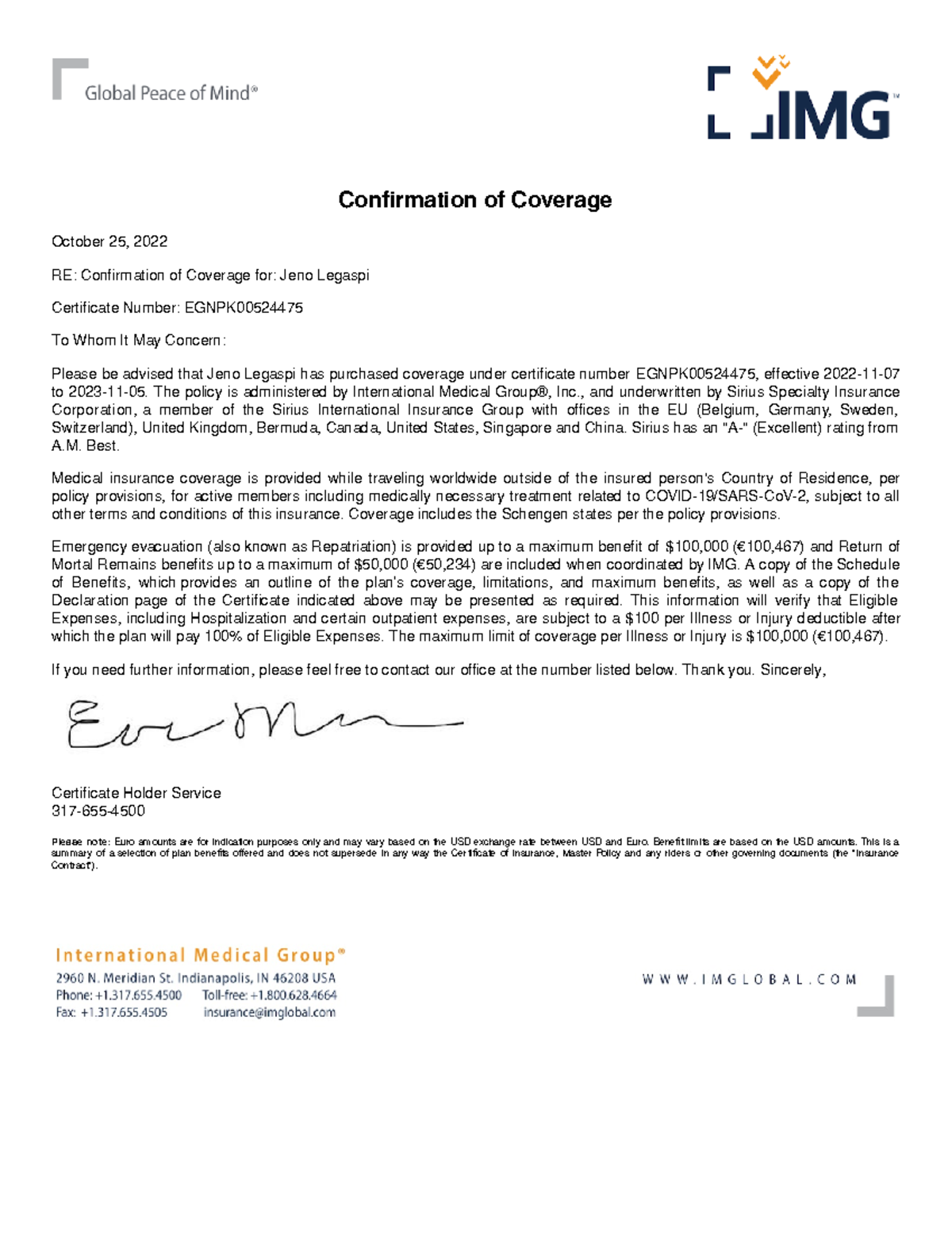 Confirmation of Insurance Legaspi Jeno - Confirmation of Coverage ...