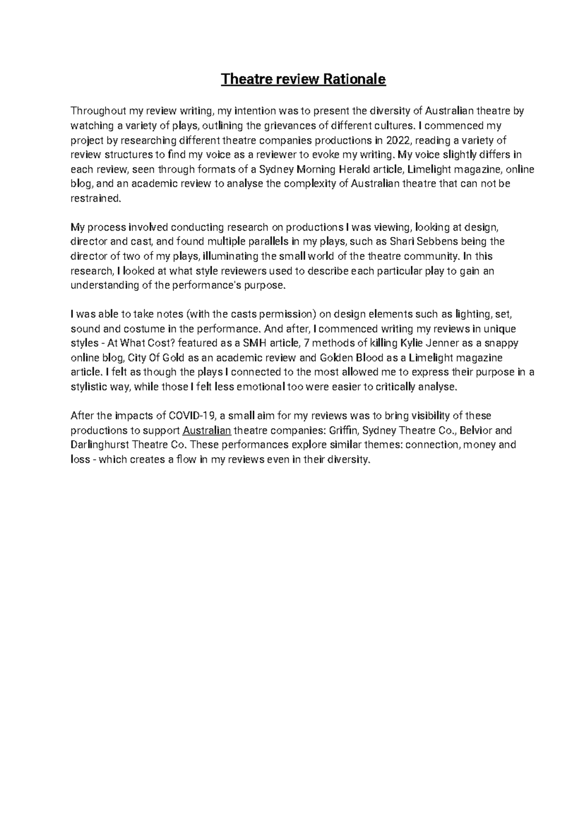 Rationale - Theatre review Rationale Throughout my review writing, my ...