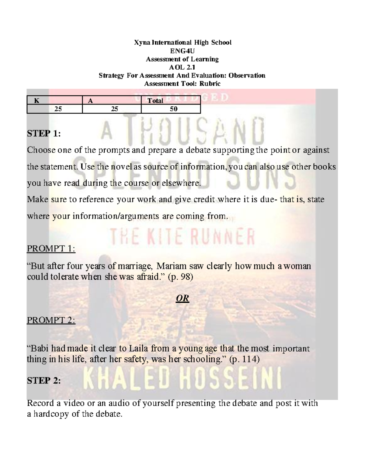 AOL 2.1 - assignment - Xyna International High School ENG4U Assessment ...