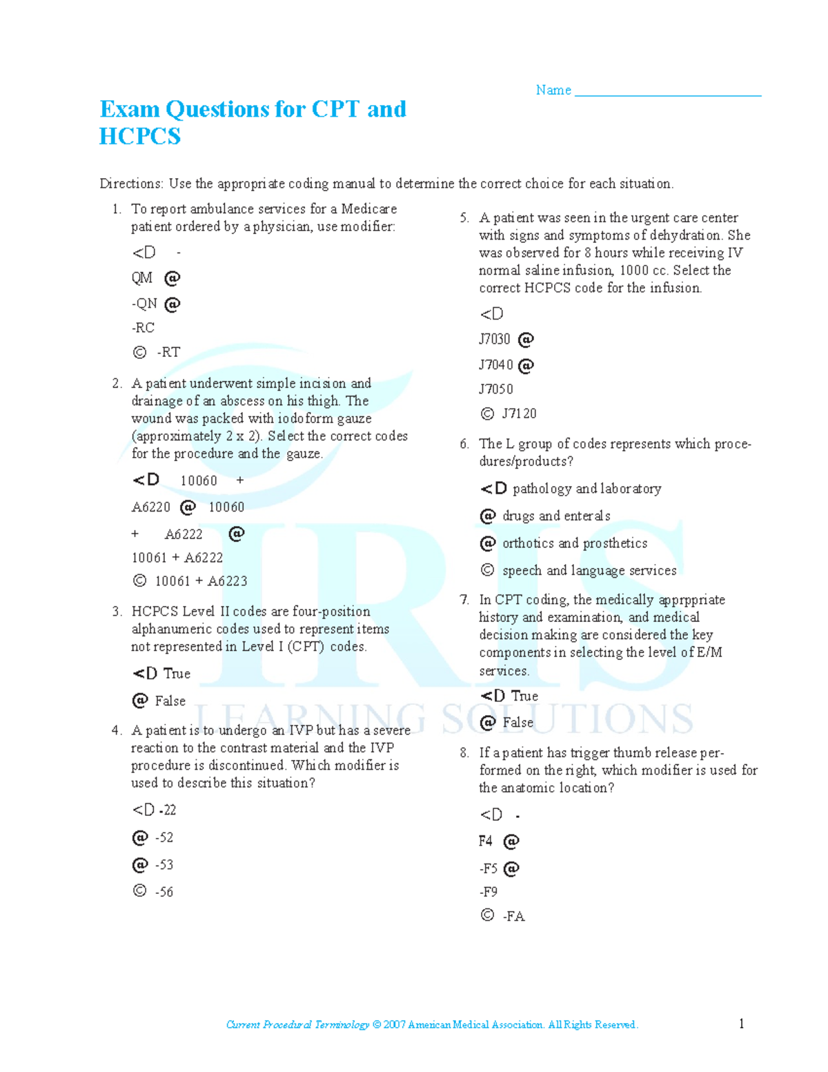 CPT- Hcpcs - Medical coding question and answer - Exam Questions for CPT and HCPCS Name ...