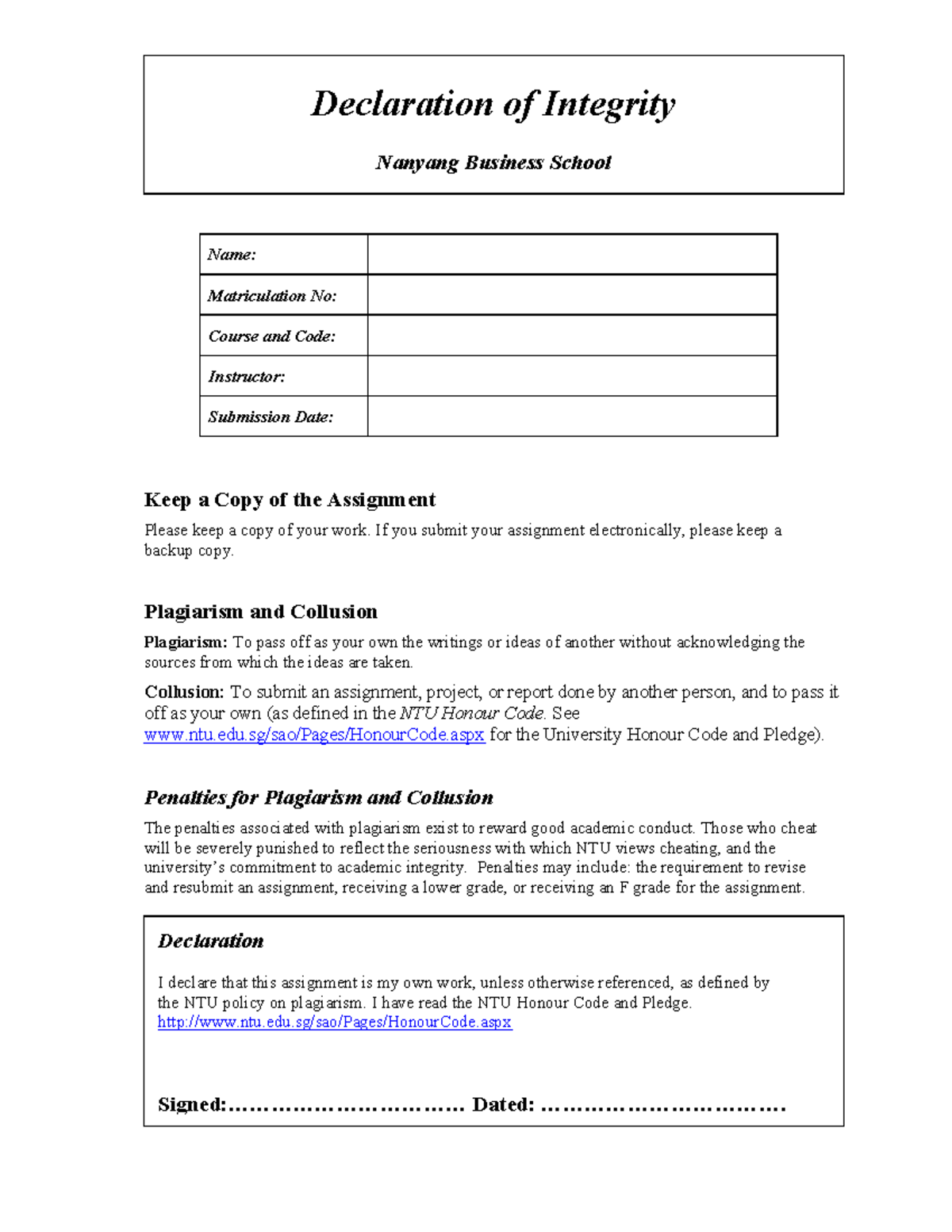 Declaration of Integrity Form - Declaration of Integrity Nanyang ...