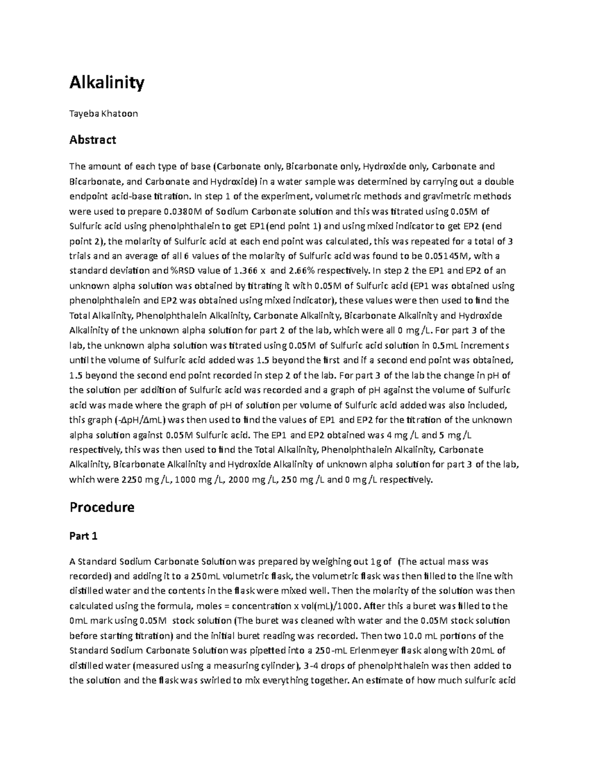 Chem final lab report - Alkalinity Tayeba Khatoon Abstract The amount ...