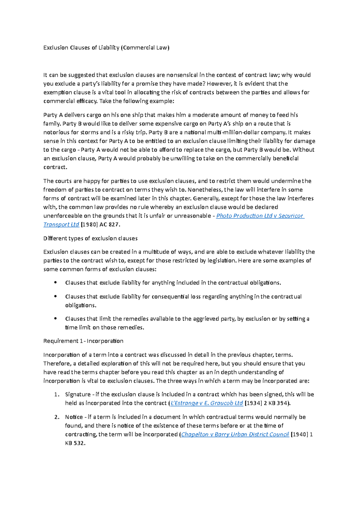 Exclusion Clauses of Liability - Take the following example: Party A ...