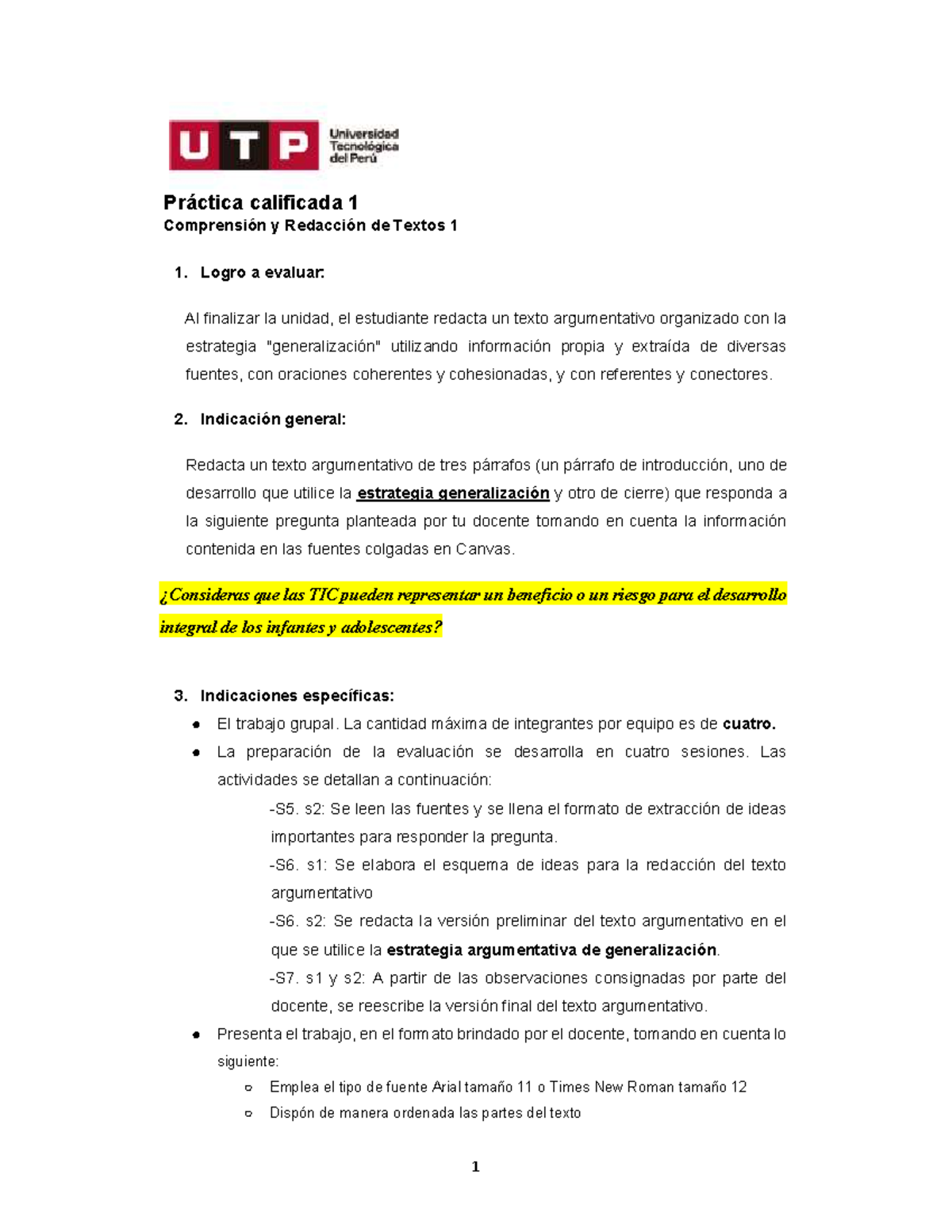 S07 - Entrega de la PC1.-Texto argumentativos - Práctica calificada 1 Comprensión y Redacción de ...