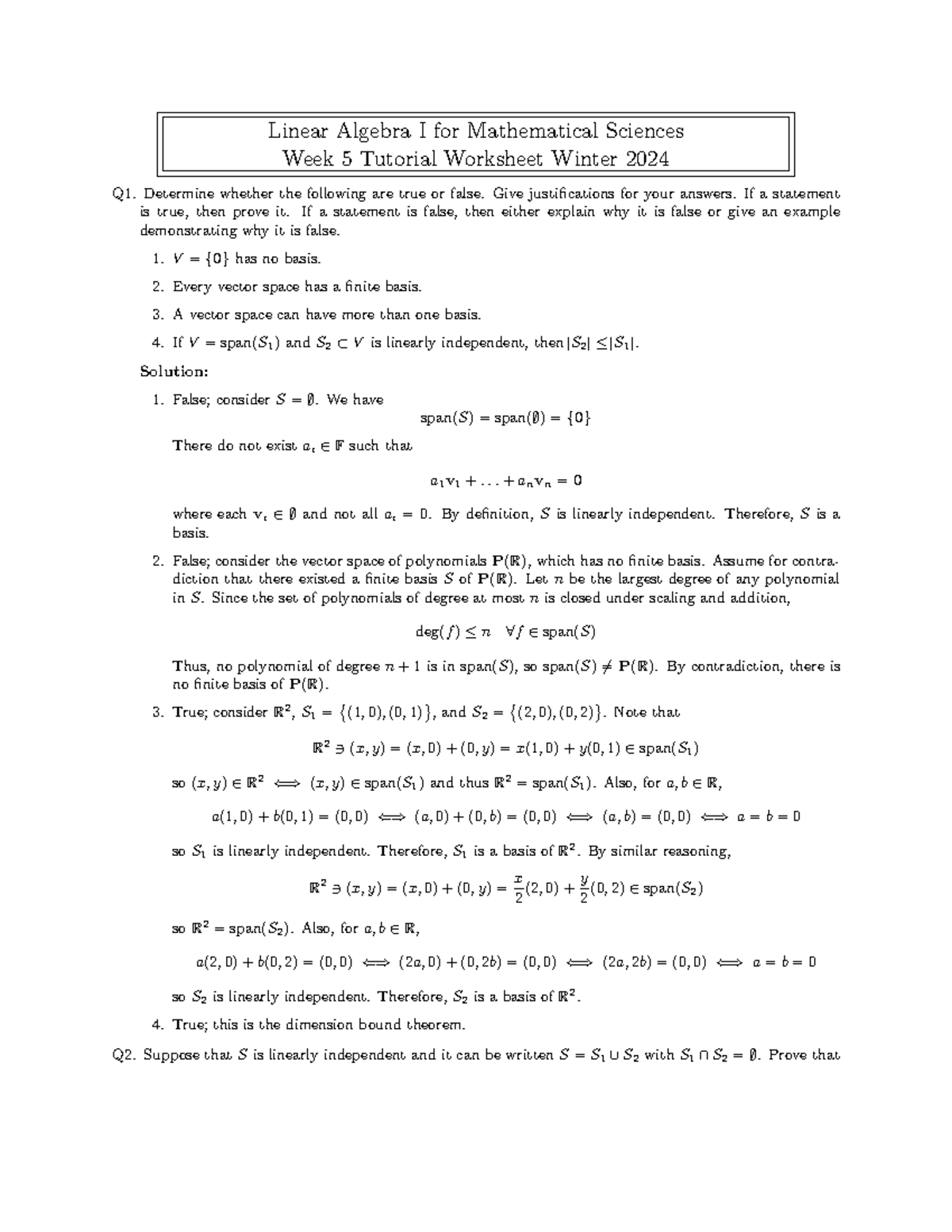 Week 5 Solutions - Linear Algebra I for Mathematical Sciences Week 5 ...
