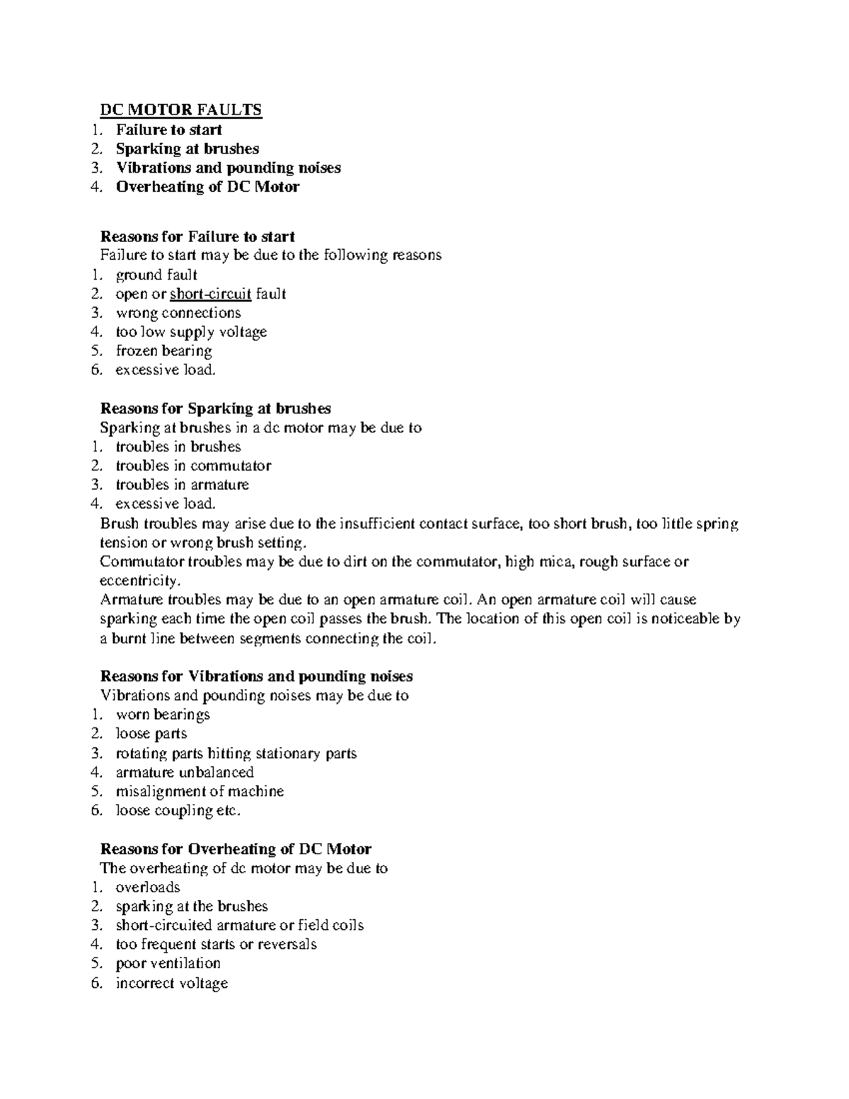 DC Motor Faults - DC MOTOR FAULTS 1. Failure to start 2. Sparking at ...