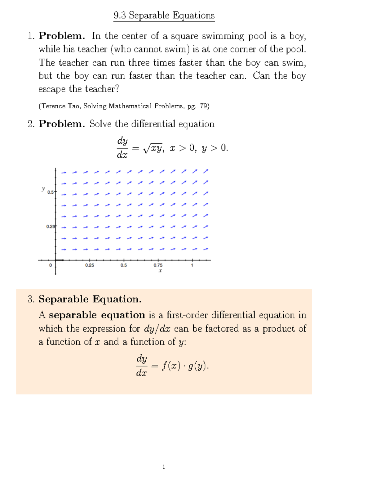 sec 9.3 Separable Equation (section 9.3) - 9 Separable Equations In the center of a square ...