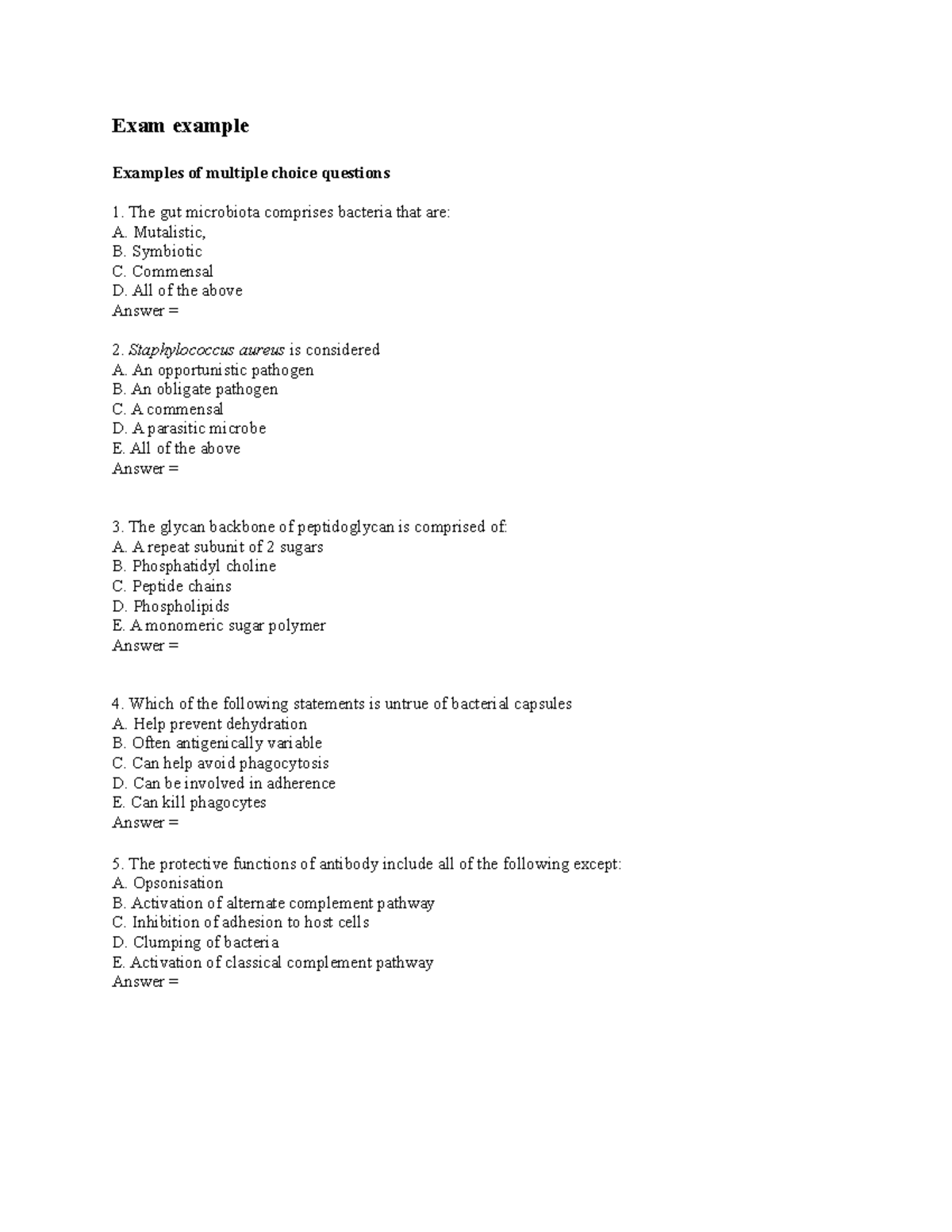 Practice exam 2019 - Exam example Examples of multiple choice questions ...