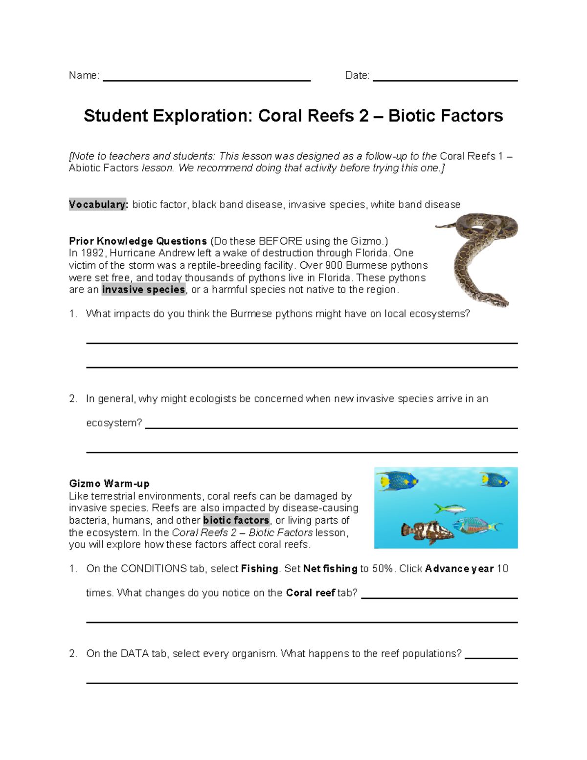 Annotated-Gizmos - Name: Date: Student Exploration: Coral Reefs 2 ñ ...