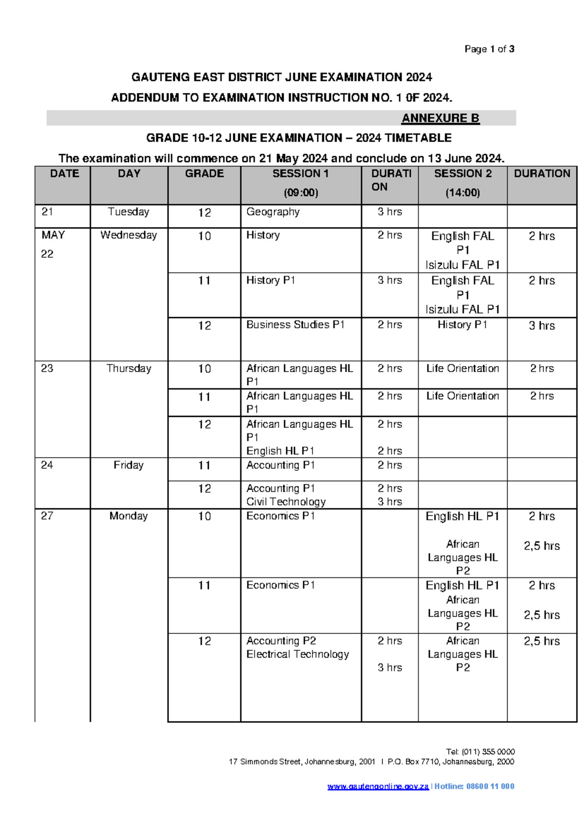 GE 2024 June Examination-Time Table Annex B 083757 - Page 1 of 3 Tel ...