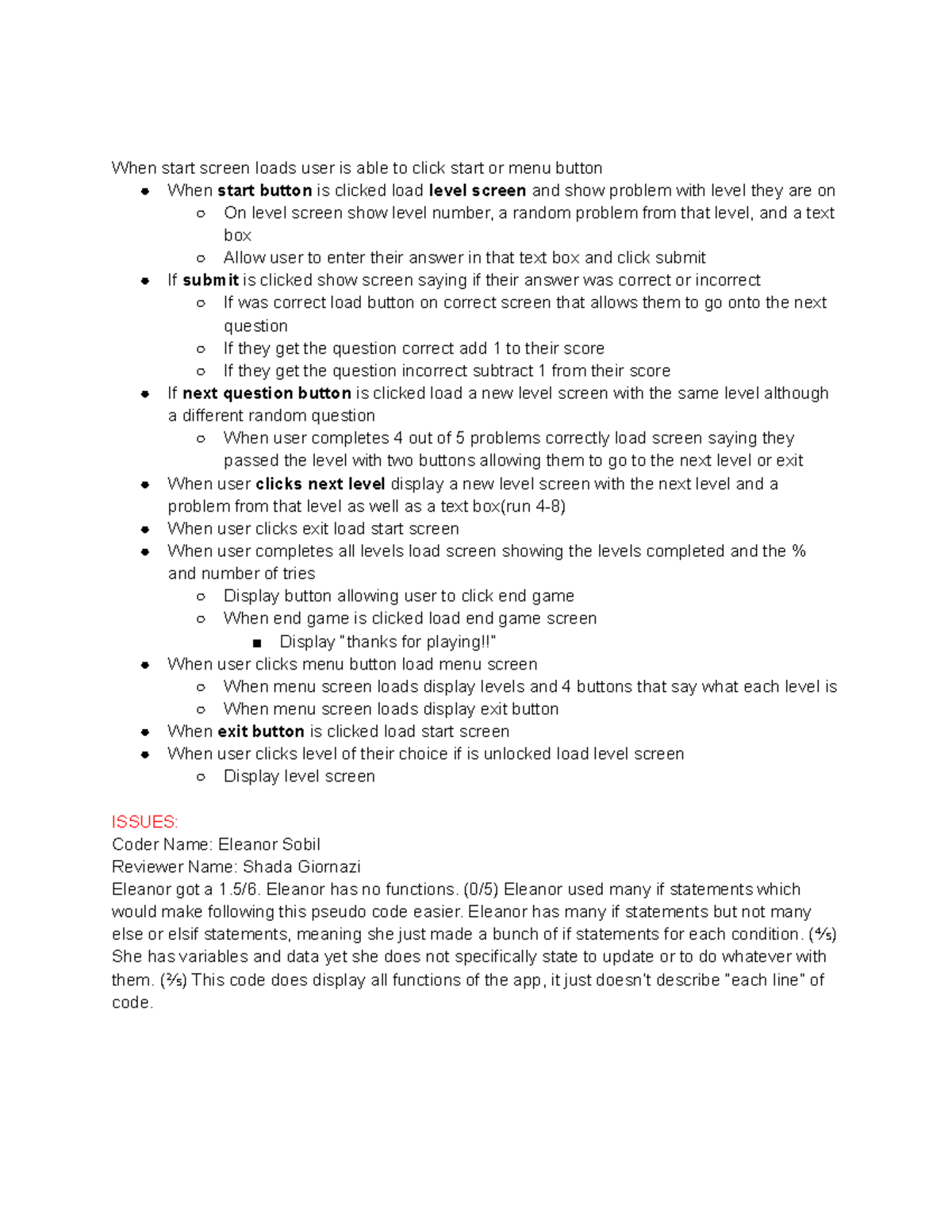 Algebra App Lab - Psuedo Code - When start screen loads user is able to ...