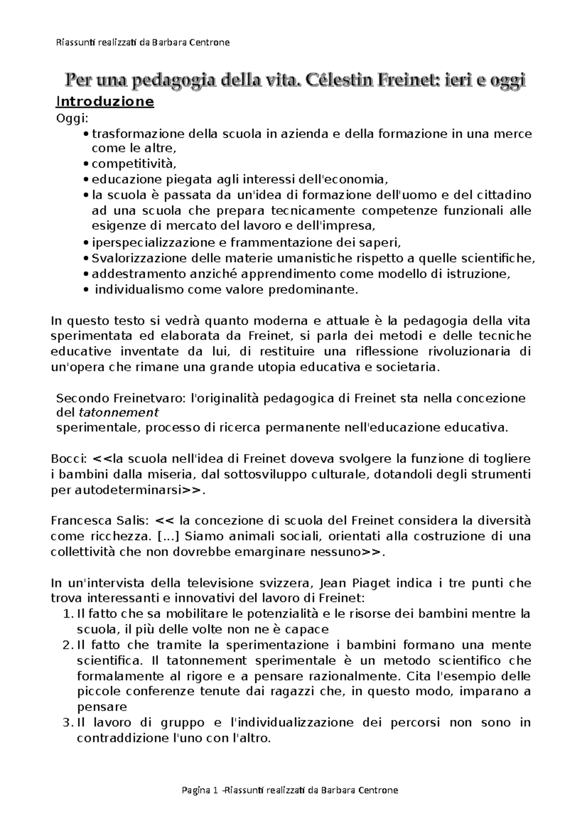 Freinet 15 - Riassunti realizzati da Barbara Centrone Pagina 1 ...