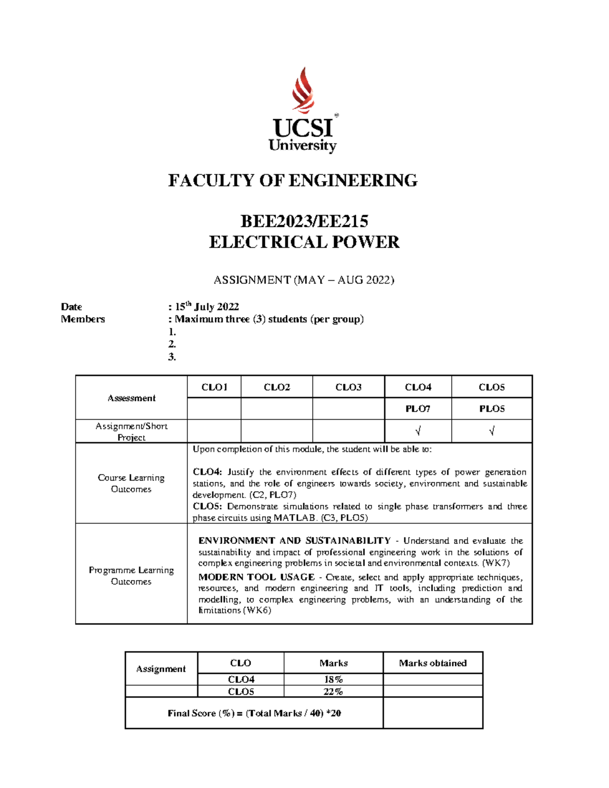 BEE2023 E215 Electrical Power Assignment Question - FACULTY OF ...