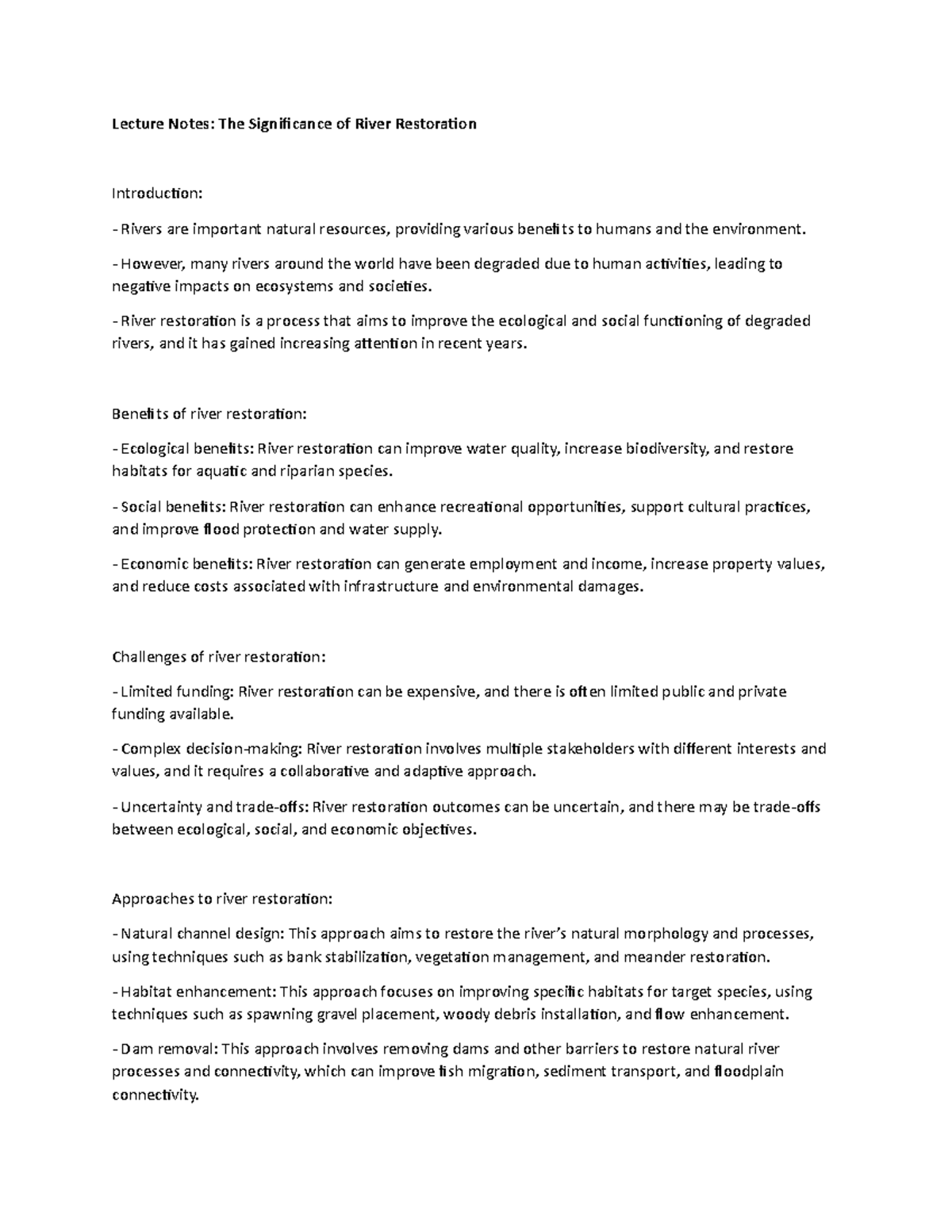 Lecture Notes The Significance Of River Restoration Lecture Notes
