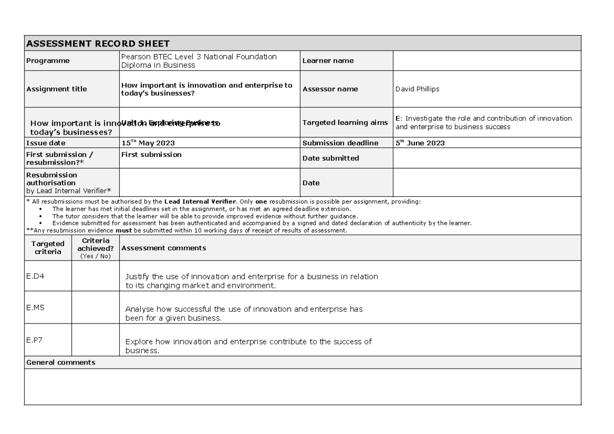 Assessment Record Assignment 3, Exploring Business 2022-23 - ASSESSMENT ...