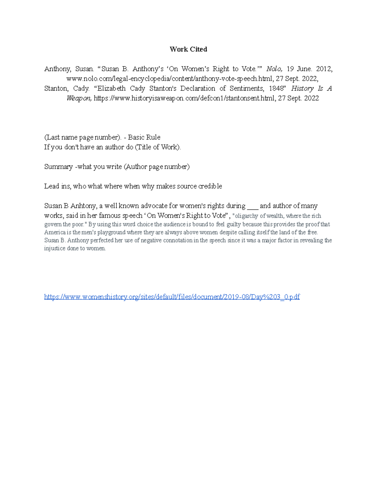 English Lecture Notes - Work Cited Anthony, Susan. “Susan B. Anthony’s ...