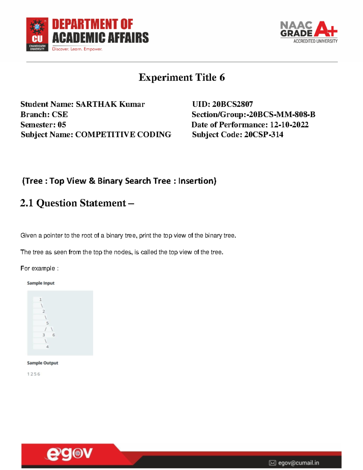 CC6 Sarthak - worksheet 1.6 - Experiment Title 6 Student Name: SARTHAK ...